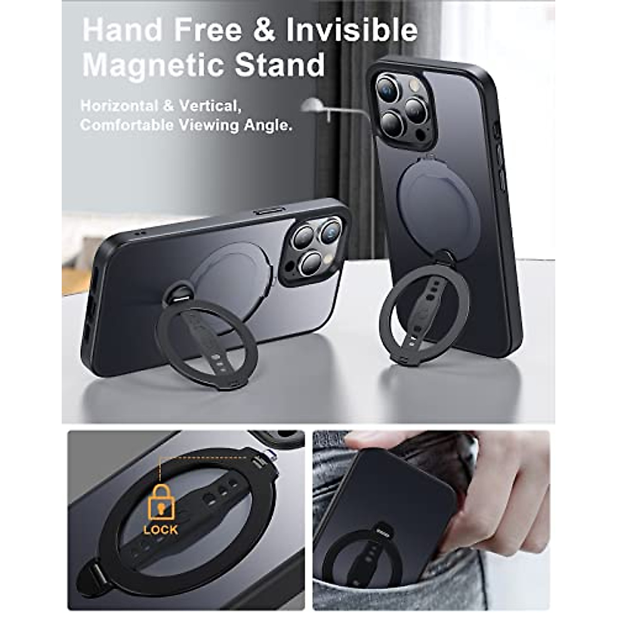 EWA Designed for iPhone 14 Pro Max Case (6.7 Inch) Compatible with MagSafe, MagOne Case with Stand, Ring Holder Strap Grip, Shockproof Protection (Matt Black)