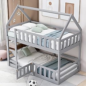 DRELOFT Twin Over Twin Floor Bunk Bed with Roof, Twin Low House Bunk Bed Frame with Ladder, Fence and Door for Kids Teens Boys Girls, Easy Assembly, Gray