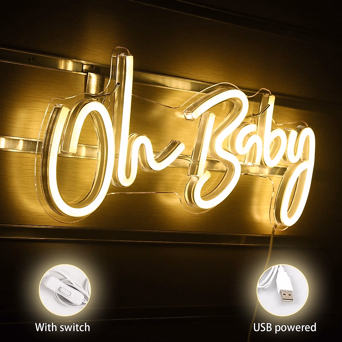 Lucunstar Neon Light Oh Baby Warm White Neon Sign for Wall Decor Neon Lights Sign Oh Baby Word LED Neon for Nursery Bedroom Game Room Club Bar Wedding Party,Room Decor(16.5"X6.9")