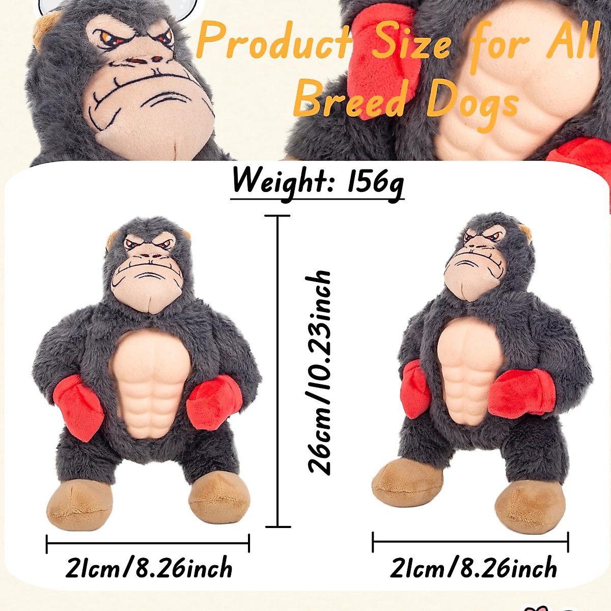 BIKIISEN Interactive Squeaky Dog Chew Toys with Natural Rubber Pectoral Muscles, Gum Massage Tough Dog Teething Toys to Keep Them Busy, Plush Tug of War Dog Toy for Small Medium Large Breed (Gorilla)