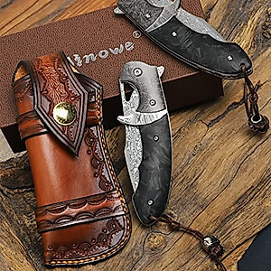 Minowe Handmade Damascus Steel Folding Knife with leather case，3.8in VG10 steel core blade,Steel ball bearings+Carbon Fiber handle，Tactical pocket knife Hiking carry EDC Knife