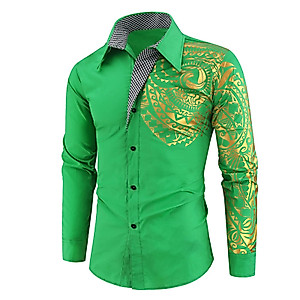 Men's Print Button Down Dress Shirt Shiny Golden Printed Long Sleeves Shirts Casual Slim Floral Nightclub Costume (Green,XX-Large)