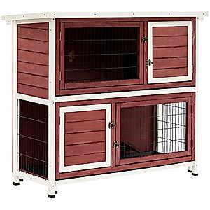 PawHut 48" 2-Story Wooden Rabbit Hutch Elevated Bunny Cage Small Animal Habitat Guinea Pig House with Ramp, No Leak Tray and Weatherproof & Openable Top, Outdoor/Indoor