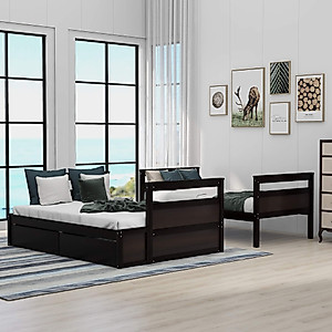 Harper & Bright Designs Solid Wood Bunk Bed with Storage Drawers, Twin Over Full Bunk Bed with Ladder and Safety Guard Rail for Boys, Girls, Teens and Adults (Espresso)