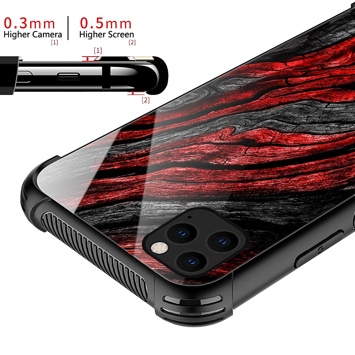 CARLOCA Compatible with iPhone 12 Mini Case,Black Red Wood Grain iPhone 12 Mini Cases for Boys Girls,Graphic Design Shockproof Anti-Scratch Case for iPhone 12 Mini