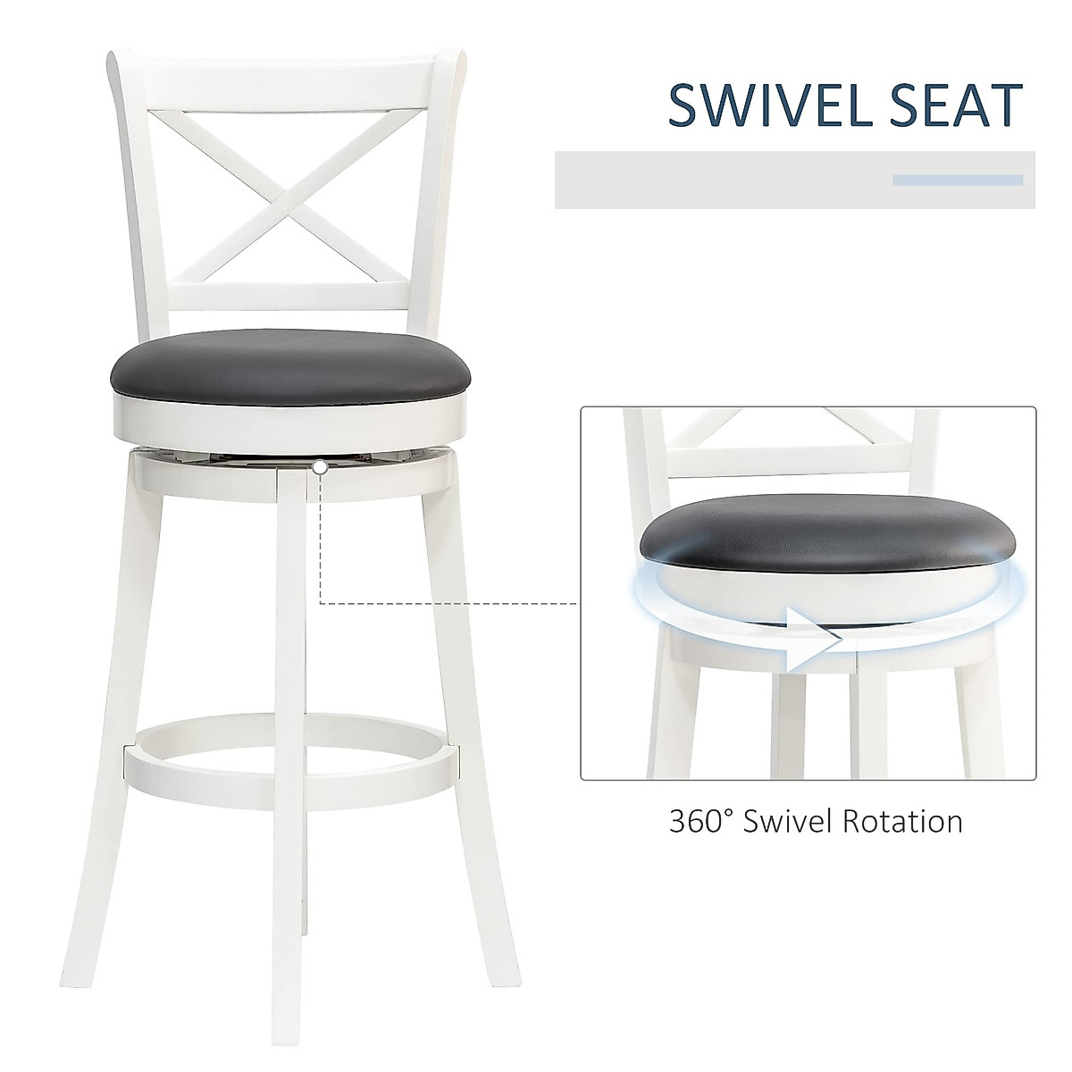 HOMCOM Traditional Bar Stool, 31 Inch Seat Height Barstool, Swivel PU Leather Upholstered Chair, with Cross Back and Rubberwood Frame, Cream White