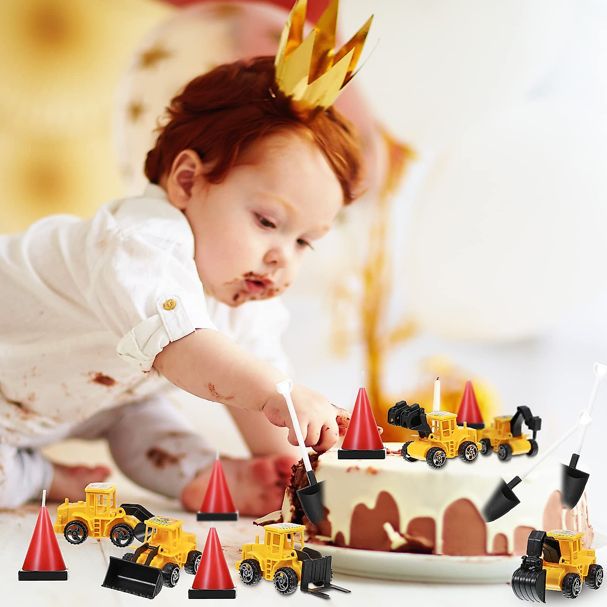 Yerliker 24 Pcs Construction Party Decoration Set Construction Cone Shaped Cake Candles 6 Construction Truck Excavator Cake Toppers 12 Plastic Shovel Shape Spoons for Kids Boy Birthday