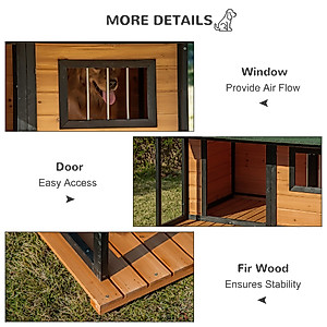 PawHut Outdoor Dog House Cabin Style, Wooden Raised Pet Kennel with Asphalt Roof, Front Door, Side Window, Porch for Medium/Large Dogs, Loading 53 lbs, Yellow