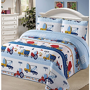 Better Home Style White Blue Red Construction Site Kids/Boys/Toddler Coverlet Bedspread Quilt Set with Pillowcases and Tractor Dump Truck Cement Mixer and Excavator # Con Site (Queen/Full)