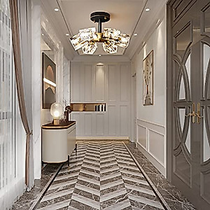 OKES Semi Flush Mount Ceiling Light,13inch Modern Black and Gold Crystal Chandeliers,6-Lights Industrial Sputnik Chandeliers for Bedroom,Kitchen,Hallway,brthroom,entryway,Dining Room