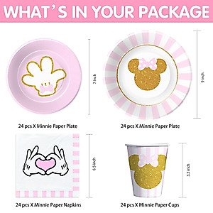 HIPVVILD Minnie Birthday Party Supplies, Minnie Theme Mouse Decorations Tableware, Plate, Napkin, Cup, Backdrop, Balloon Arch, Tablecloth, Cutlery, Minnie 1st 2nd 3rd Birthday Decorations | Serve 24