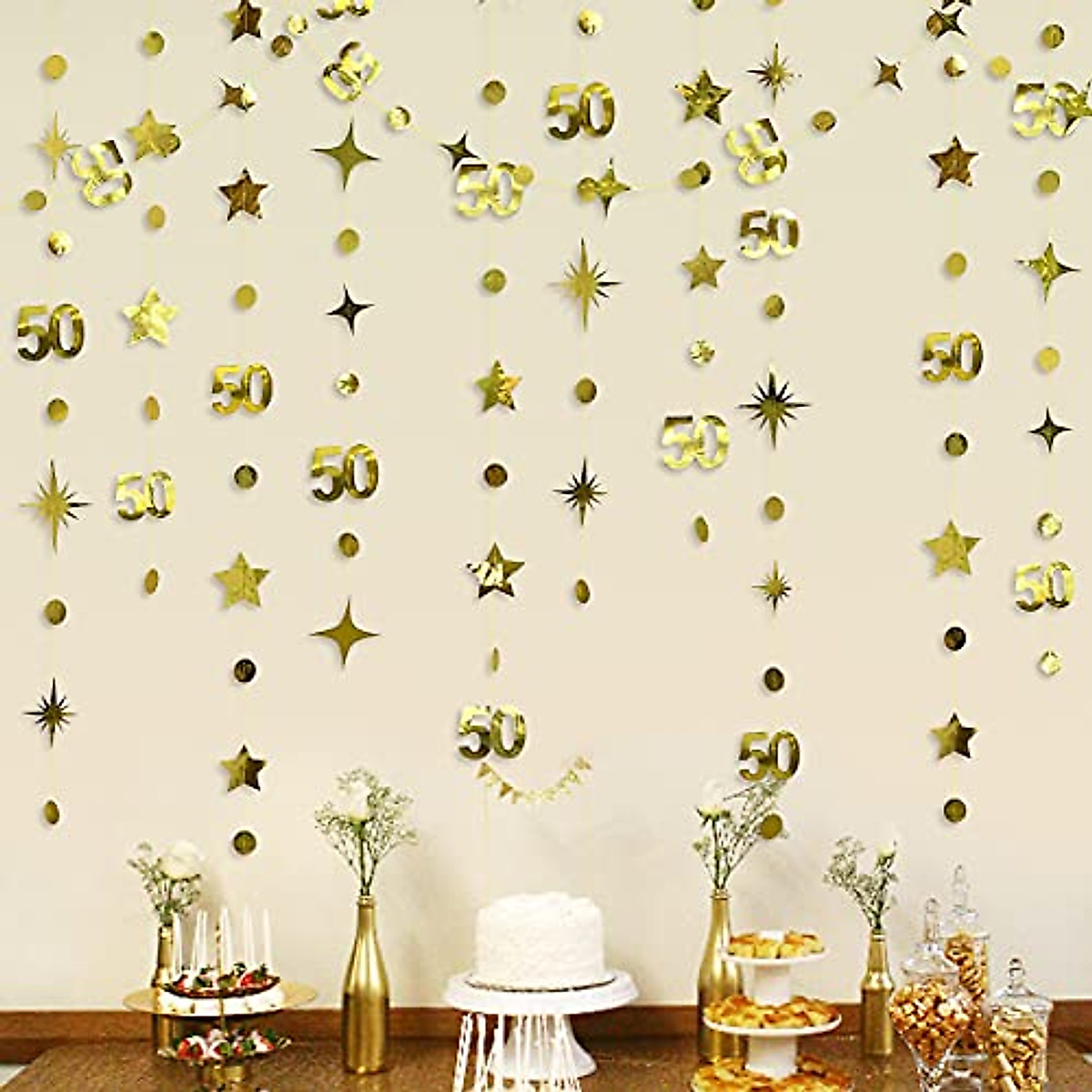 Gold 50th Birthday Decorations Number 50 Circle Dot Twinkle Star Garland Metallic Hanging Streamer Bunting Banner Backdrop for 50 Year Old Birthday Happy 50th Anniversary Fiftieth Party Supplies