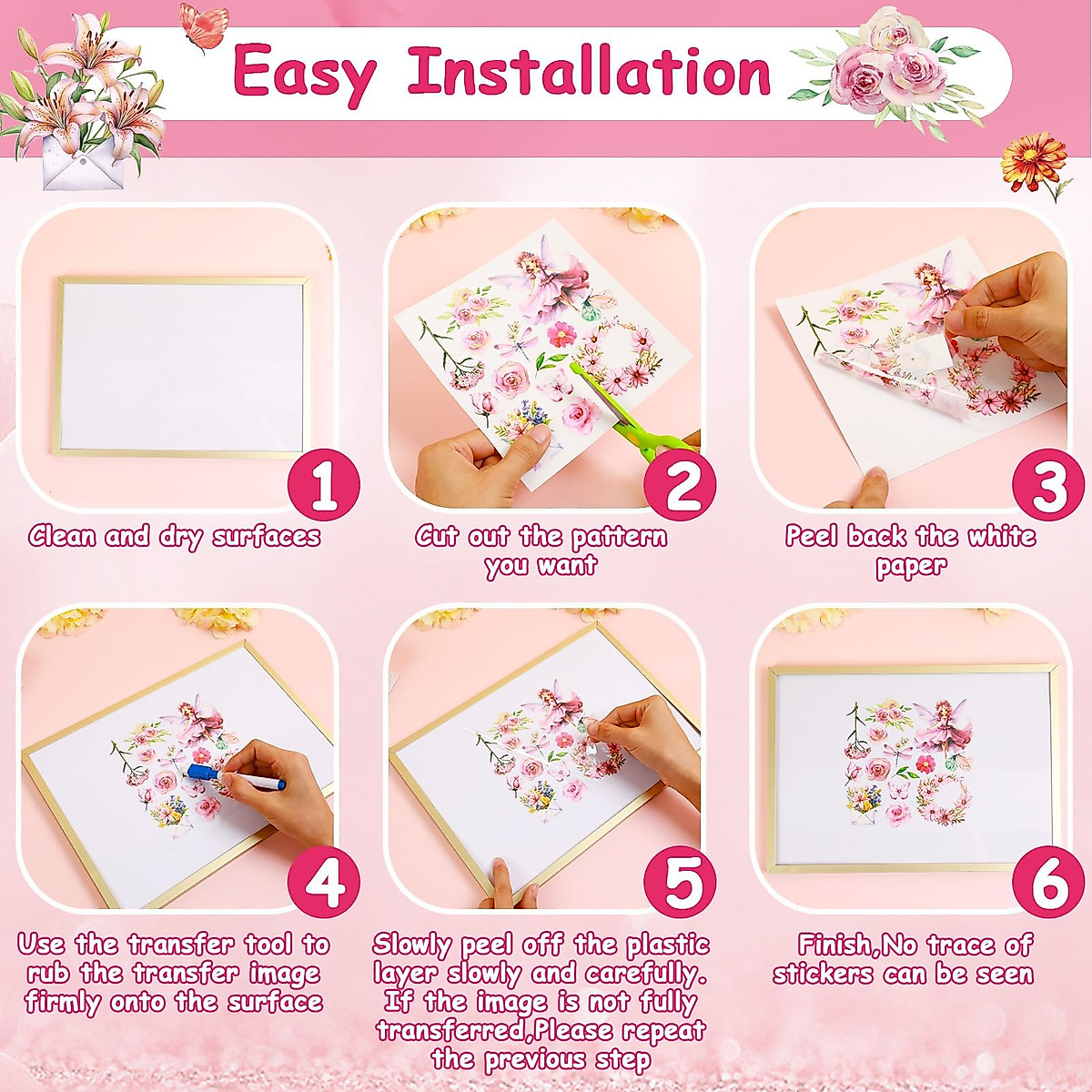 gisgfim 12 Sheets Rub on Transfers for Crafts and Furniture Fairy Rub on Transfers Stickers Fairy Flower Rub on Decals Decor for Spring Home Office Paper Wood DIY Craft, 5.9 x 5.9 Inch