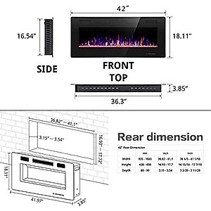 R.W.FLAME 42IN Recessed and Wall Mounted,The Thinnest Fireplace,Low Noise, Fit for 2 x 6 and 2 x 4 Stud, Remote Control with Timer,Touch Screen,Adjustable Flame Color and Speed