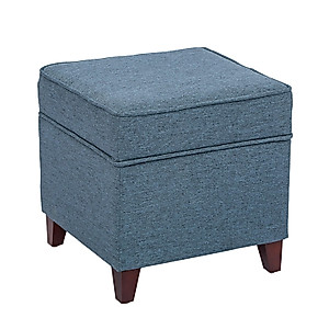 Adeco 17" Square Ottoman with Storage- Small Storage Ottoman Foot Rest with Hinged Lid- Blue Faux Linen Fabric Upholstered Footstool with Sturdy Wood Legs