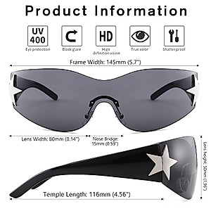 COASION Rimless 2000s Wrap Around Star Sunglasses Women Men Visor Shield Shades Oversized Fashion Frameless Sun Glasses (Black)