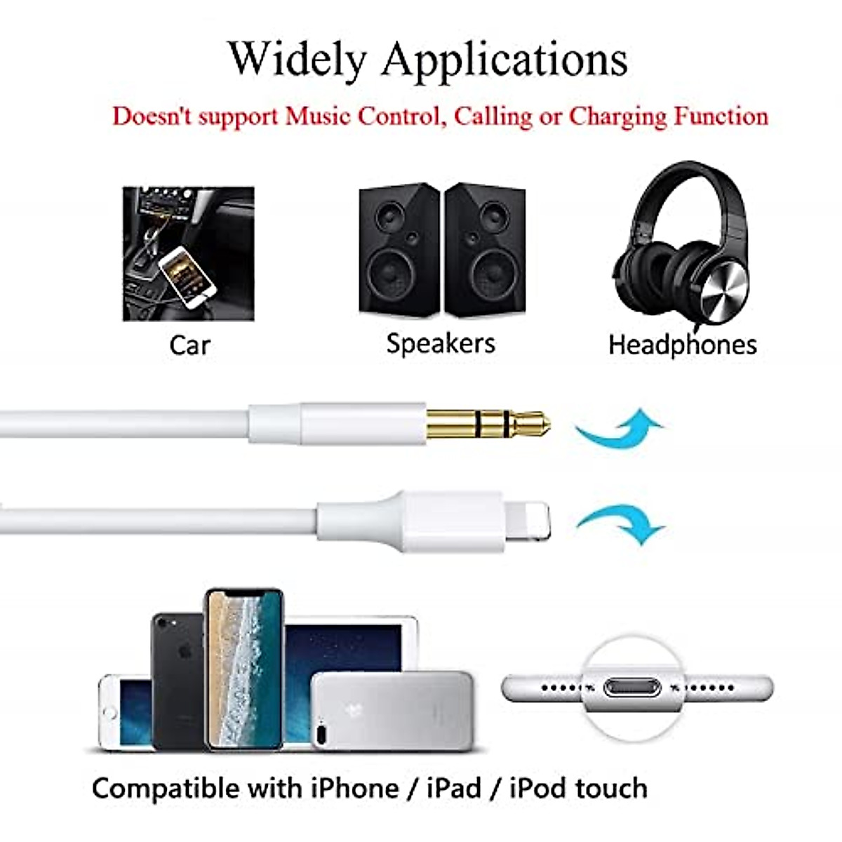 Muerkai Aux Cord for iPhone,3.5mm Aux Cable for Car Compatible with iPhone 14/13/12/11/Pro/Max/SE/10/XS/XR/X/8/7/6/iPad/Plus for Car Home Stereo,Speaker,Headphone,3.3ft (White)