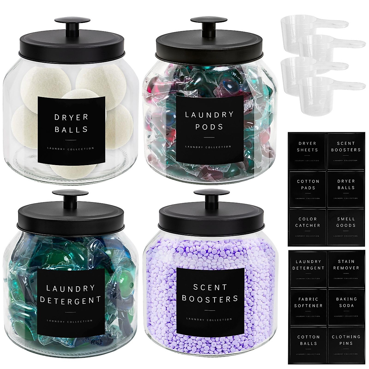 4 Pack Laundry Room Organization and Storage Containers 64 Oz With Labels, Half Gallon Glass Laundry Organizer Jar Holder For Laundry Pods, Scent Booster, Detergent, Dryer Balls Includes 4 Scoops