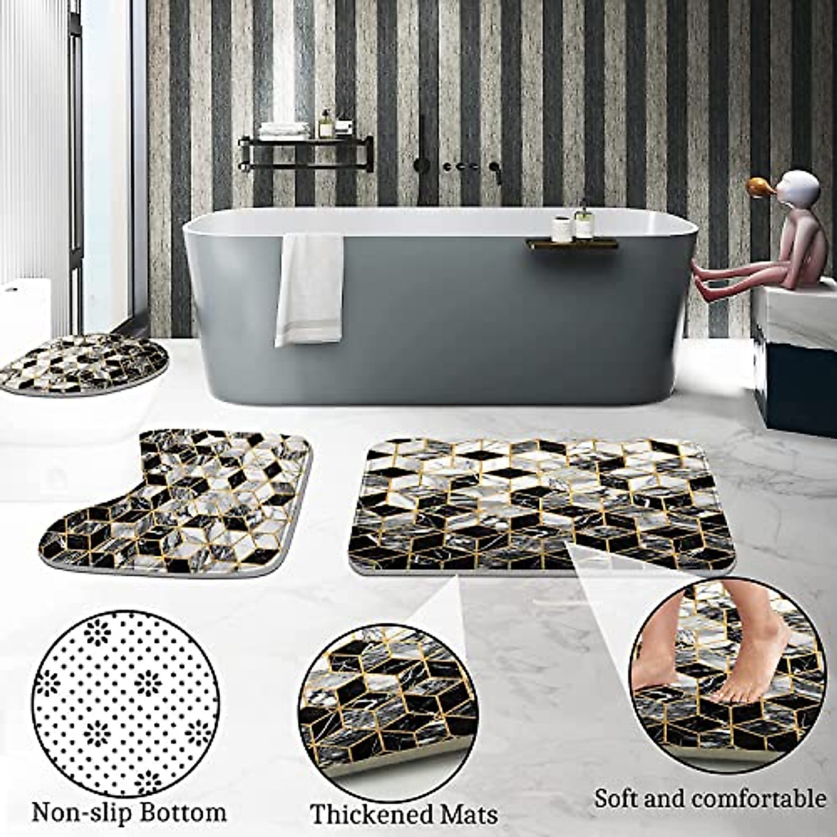 4 Pcs Bathroom Shower Curtain Set, Honeycomb Marble Bathroom Sets with Rugs(Bath Mat,U Shape and Toilet Lid Cover Mat) and 12 Durable Hooks