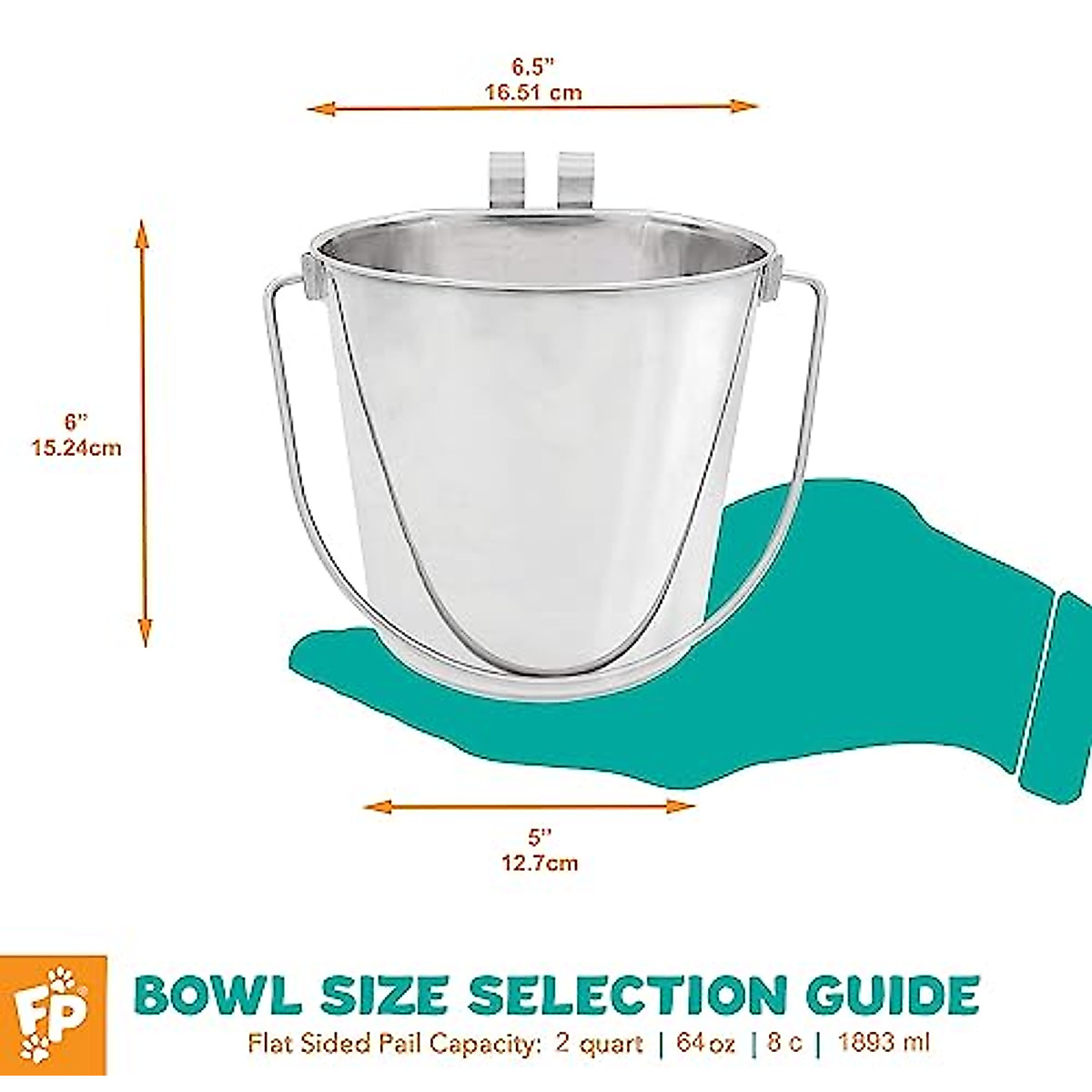 Fuzzy Puppy Flat Sided Pail with Dual Hooks, Snugly Fit On Dog, Cat and Critter Crates & Cages, Heavy Duty Stainless Steel, 2 Quart (FSP-2)