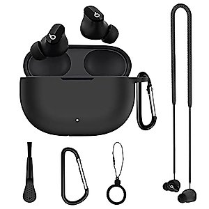 Alquar Case Cover for 2021 Beats Studio Buds Case, [5 in 1] Accessory Kit Silicone Protective Skin Sleeve for Beats Studio Buds 2021 Case with Keychain/Anti-Lost Strap/Ring/Brush (Black)