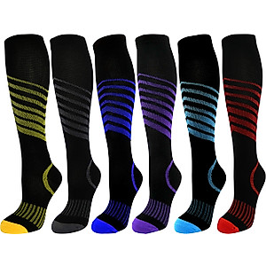 6 Pair Graduated Compression Socks for Men and Women (All Black Designs, Small/Medium)