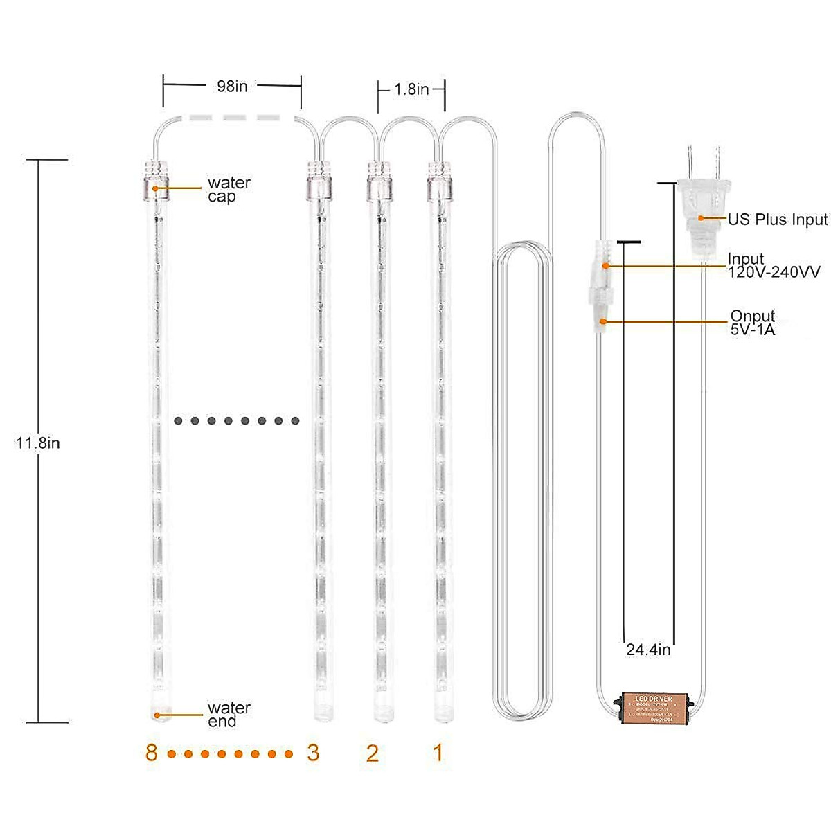 AKNMSOY LED Meteor Shower Lights,Falling Rain Drop Lights,Icicle Lights with Waterproof 11.8inch 8 Tubes SMD2835 192LEDs for Party Wedding Holiday Christmas Decoration