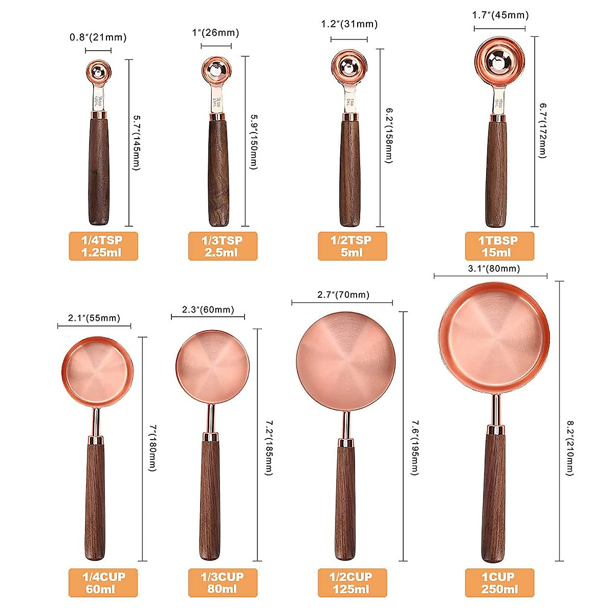 Kitchen Rose Gold Measuring Spoons and Cups Tool Set 8 piece, Dual Scale Unit, Walnut Wood Handle, Stainless Steel Mirror Polished for Dry and Liquid Ingredients Kitchen Cooking Baking Set
