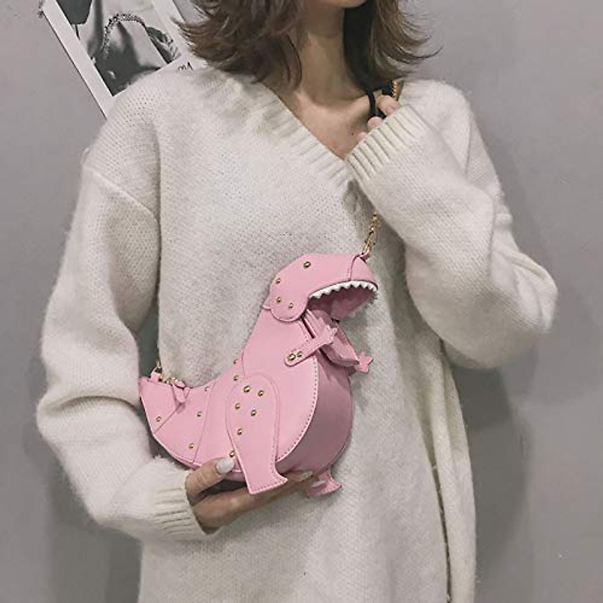 T-Rex Studded Chain Crossbody Bag Women Chain Purse Shoulder Bag Gift Dinosaur Design Leather Mini Messenger Bag