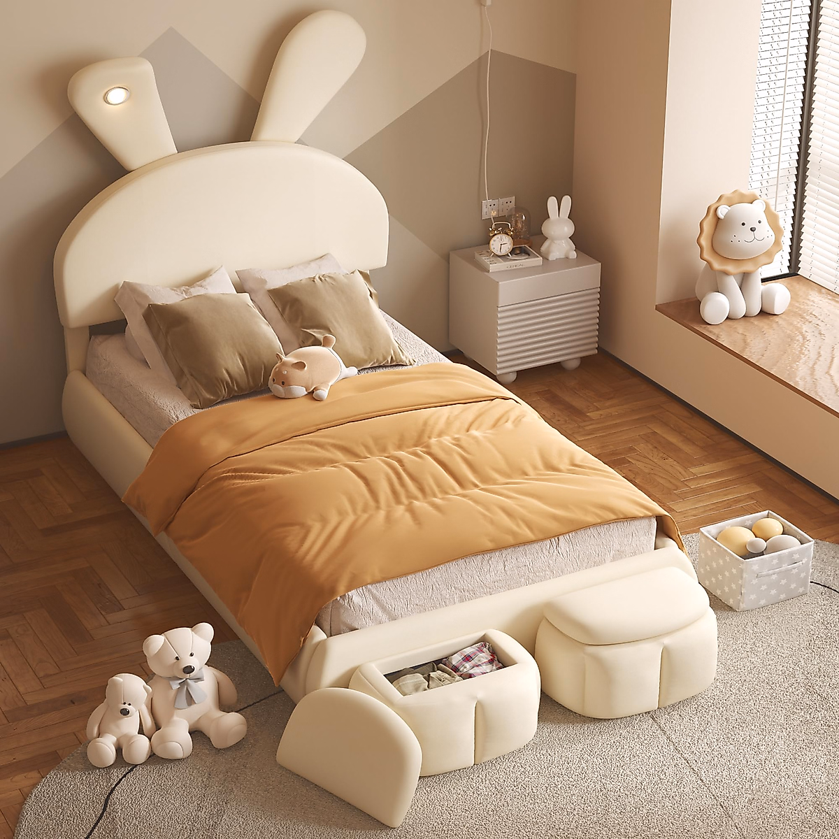 Twin Size Upholstered Platform Bed with Cartoon Ears Shaped Headboard and 2 Small Storage Stools, Velvet Kids Platform Bed Frame with Light for Boys Girls Bedroom, Sturdy Slatted Support (Beige-Ears)