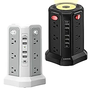 Surge Protector Power Strip with 5 USB Ports, Night Light, 18W Fast Charging Port, 10FT Extension Cord with 12 AC Multiple Outlets, Power Strips Tower, Overload Protection for Home Office Dorm Room