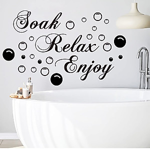 Bathroom Wall Stickers, Black Soak Relax Enjoy Quotes Stickers with Bubble Decals, Beautiful Wall Art Words Peel and Stick Stickers for Home Bathroom Decor