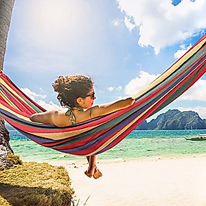 Solomone Cavalli Brazilian Hammock with Hanging Kits, Tree Hammock for Indoor Outdoor Patio Porch Garden Camping, Cotton Canvas Carrying Bag, Ropes and Carabiners Included (Rainbow Stripe)