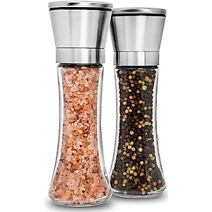 1pcs Pepper Grinder or Salt Grinder, Best Spice Mill with Ceramic Blades, Adjustable Coarseness, Brushed Stainless Steel Cap, and Refillable Tall Glass Body (7.5")