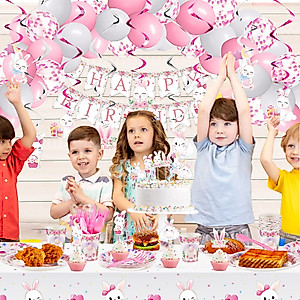 153 Pcs Easter Bunny Birthday Party Decorations Kit with Bunny Birthday Banner, Swirl, Latex Balloons, Cupcake Toppers, Paper Plate Cups Disposable Spoon for Rabbit Themed Girl Birthday Party Supplies