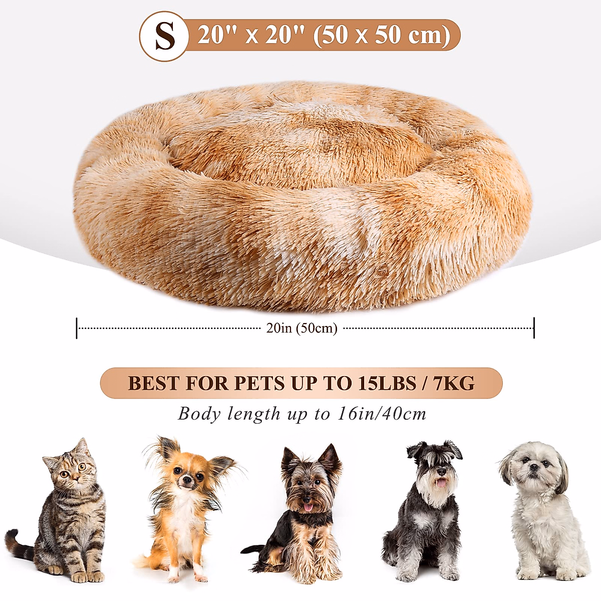VIVAGLORY Plush Dog Bed, Fluffy Pet Bed, Self-Warming Dog Cat Calming Bed with Removable Middle mat, Suitable for Cat & Tiny Dog, Gradient-Beige