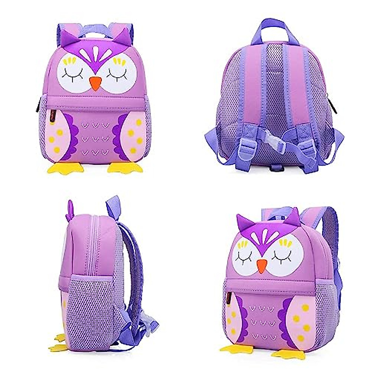 KK CRAFTS Preschool Toddler Backpack with Leash, 3D Cute Cartoon Neoprene Animal Schoolbag for Kids Boys Girls（Purple Owl）