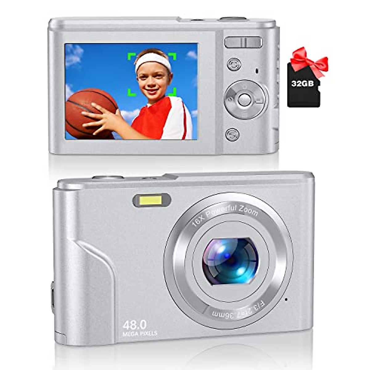 Digital Camera, Zostuic 48MP Autofocus Kid Camera with 32GB Card 1080P Video Camera with 16X Zoom, Compact Portable Small Cameras Christmas Birthday Gift for Children Kid Teen Student Girl Boy(Silver)