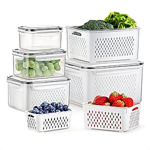 COCOYA 5-Pack Large Fruit Containers for Fridge, Leakproof Produce Storage Keeper with Removable Colander Food Grade BPA FREE Keep Vegetables Berry Veggies Lettuce Apple Banana Meat Food Fresh Longer