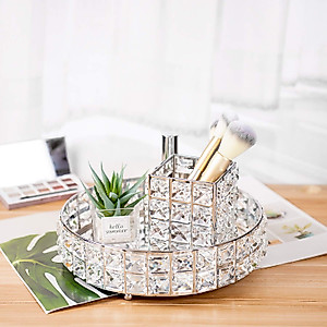 Feyarl Crystal Perfume Vanity Makeup Tray Mirrored Ornate Jewelry Trinket Tray Organizer Sparkly Bling Cosmetic Skin Care Decorative Tray with Glass Bottom Surface for Home Decor Dresser Desktop