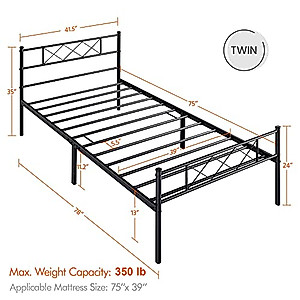Yaheetech Twin Metal Platform Bed Frame Mattress Foundation with Headboard and Footboard No Box Spring Needed Under Bed Storage Steel Slats Black
