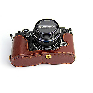 PEN-F Case, BolinUS Handmade Genuine Real Leather Half Camera Case Bag Cover for Olympus PEN-F Bottom Opening Version + Hand Strap - Coffee