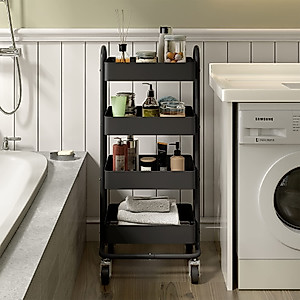 MIOCASA 4-Tier Metal Utility Rolling Cart, Heavy Duty Multifunction Cart with Lockable Casters, Easy to Assemble, Suitable for Office, Bathroom, Kitchen, Garden (Black)