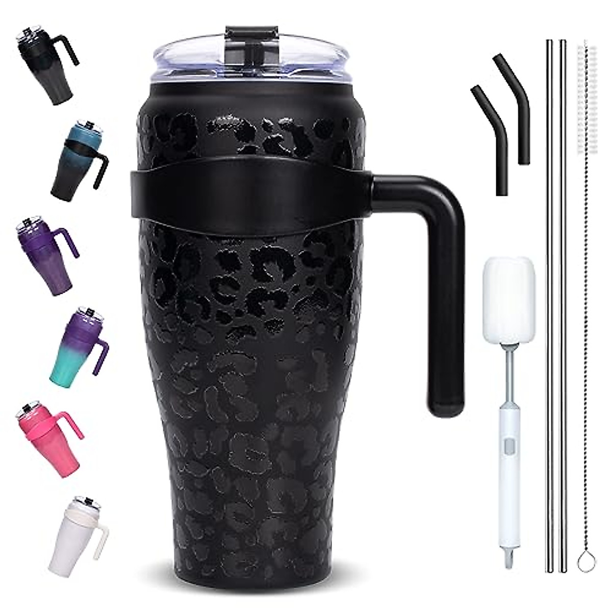 LAOION 40 oz Tumbler with Handle and Straw,Stainless Steel Mug with Leak Proof Screw Seal Lid,Dual Insulated Large Cup with handle,Keeps Drinks Cold for 24 Hrs,Sweat Proof,BPA Free-Black Leopard