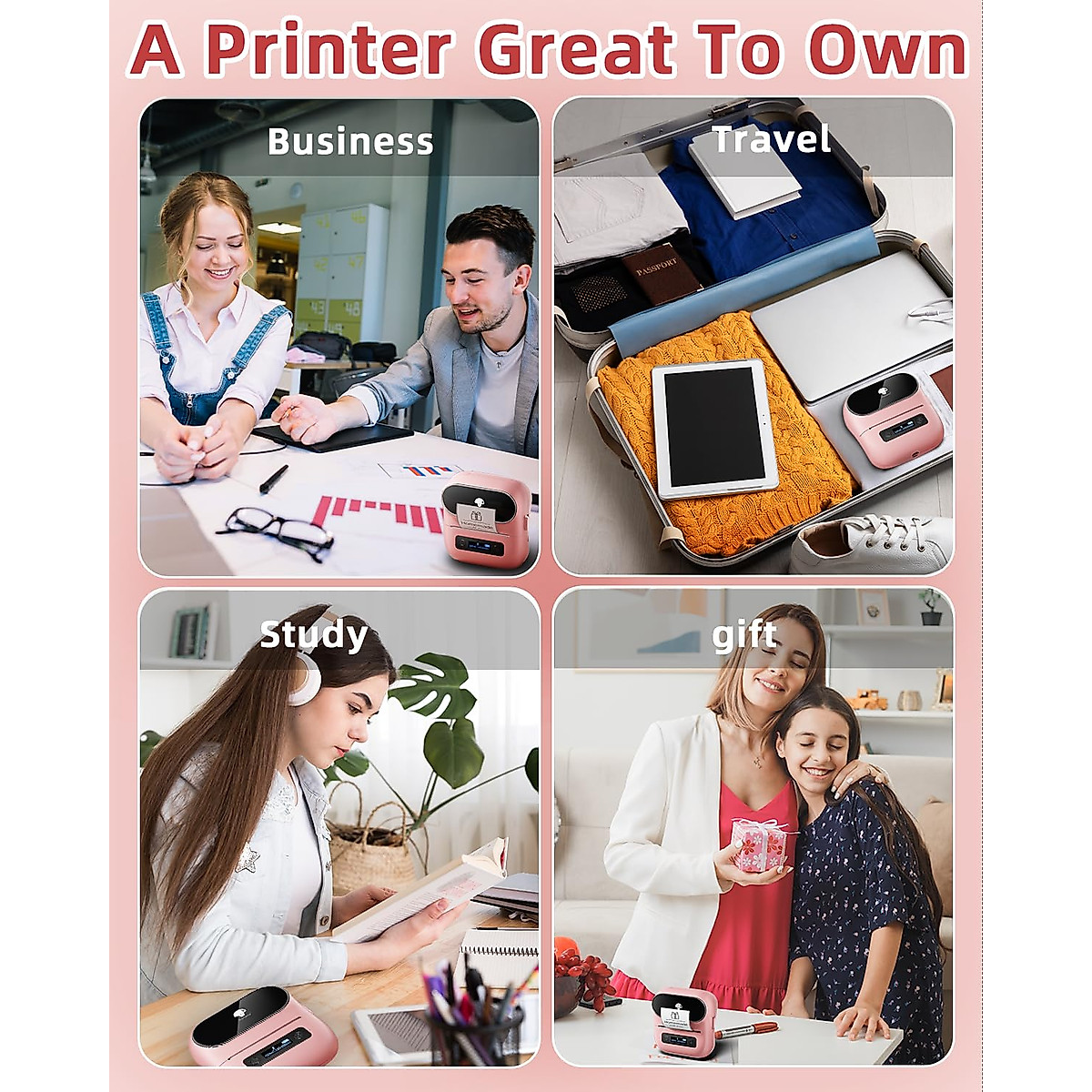 Phomemo Label Printer - M220 Label Maker, Bluetooth Mini Barcode Printer, 3 Inch Wireless Portable Sticker Maker Machine for Mailing, Storage, Address, Clothing, Home, Office,Pink