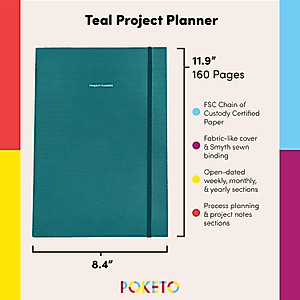 POKETO – Hardcover Project Planner - 11.9" x 8.4" - Undated - Weekly, Monthly & Yearly Notebook - Daily Planner - Note Taking - Eco-Friendly Journal - Home, School & Office Supplies - Teal