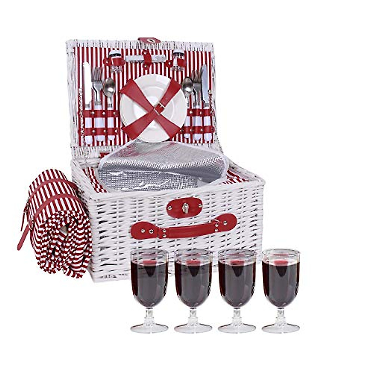 Picnic Basket for 4 Person Wicker Picnic Hamper with Waterproof Blanket, Insulated Cooler Compartment & Tableware Set (White/Red)