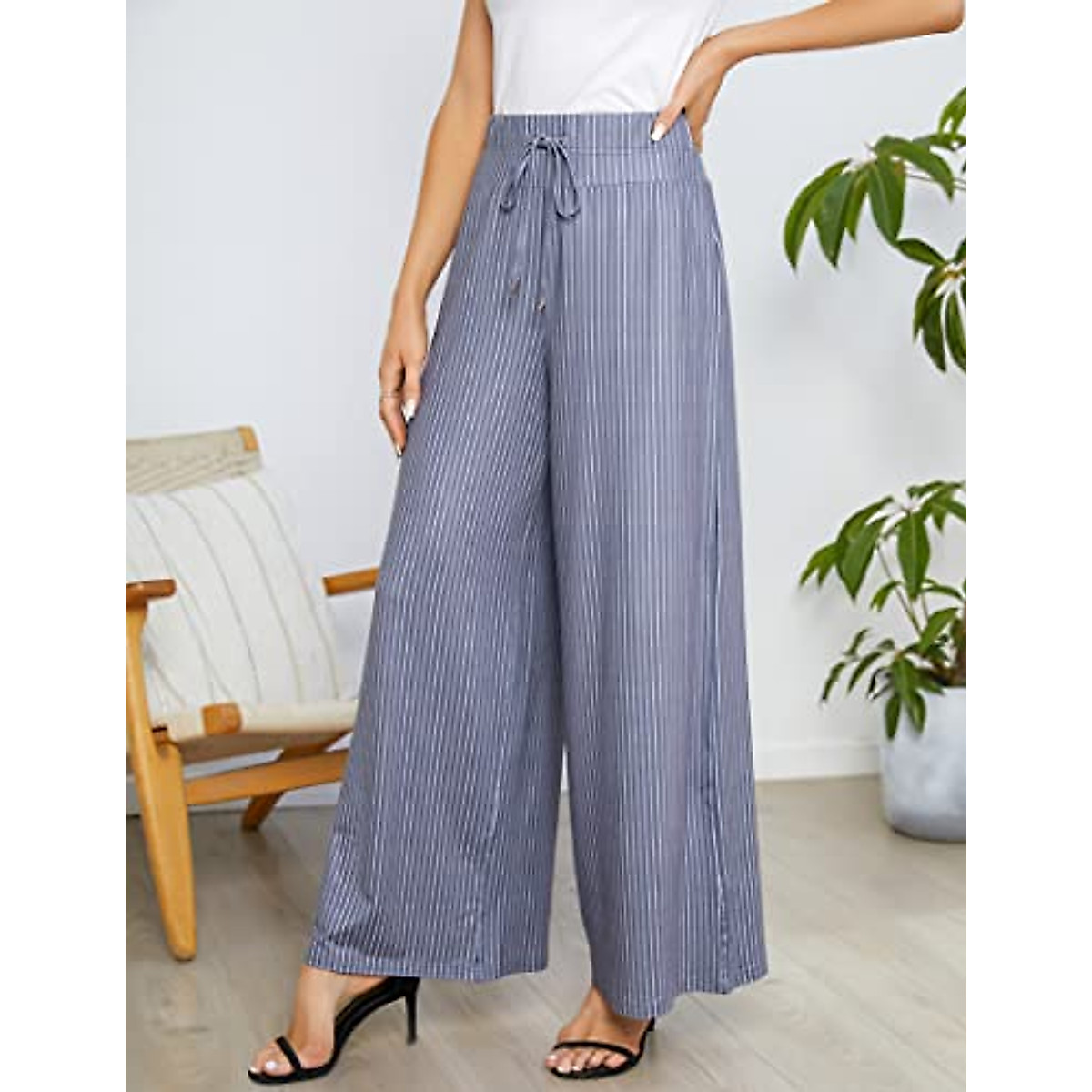 KOJOOIN Women's Wide Leg Pants Casual Palazzo Summer Flowy Pants Elastic High Waist Lounge Drawstring Long Trousers for Women Gray Stripe XL