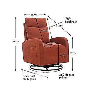 i-POOK Swivel Glider Rocking Chair, Modern Upholstered Nursery Glider Rocker with Metal Base, Lumbar Pillow & Side Pocket Comfy High Back Armchair Single Sofa Chair Recliner for Living Room, Orange