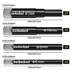 Dry Diamond Drill Bit 5PCS Stile Drill Bit Set for Granite Ceramic Marble Tile Stone Glass Hard Materials (Not for Wood), Round Shank 1/4, 5/16, 3/8, 1/2 Inch